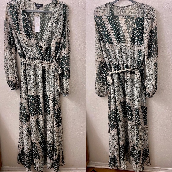 Aakaa | Dresses | Nwt Green Floral Aakaa Maxi Faux Wrap Dress Sheer W ...